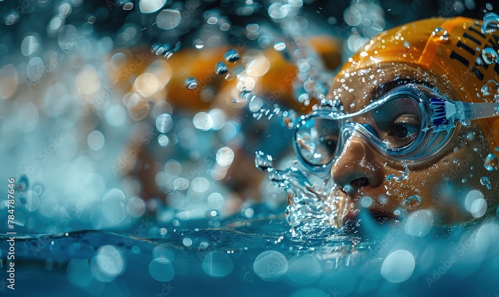 Competitive swimmers diving into a pool at the start of a race, water ...