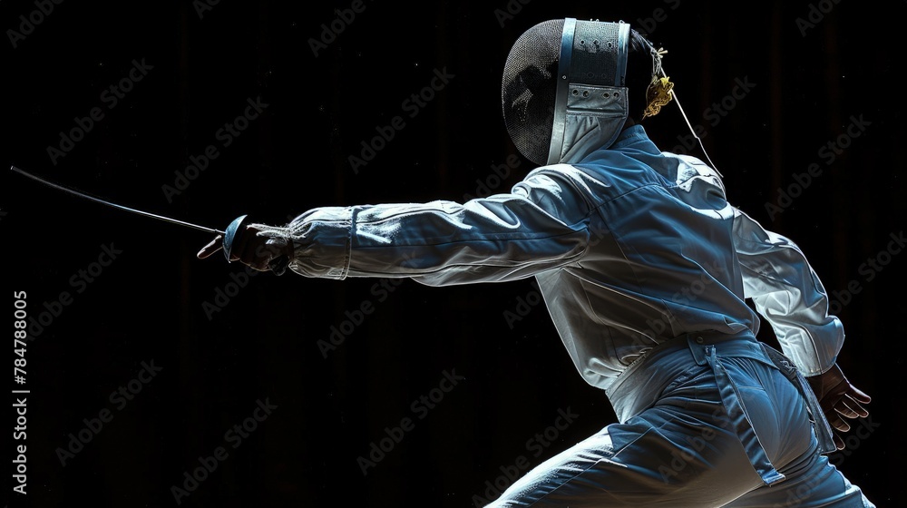 Fencer in a dramatic fencing pose, foil poised for action Stock ...