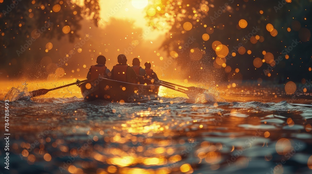 Rowing crew in perfect synchronization, oars slicing through the water ...