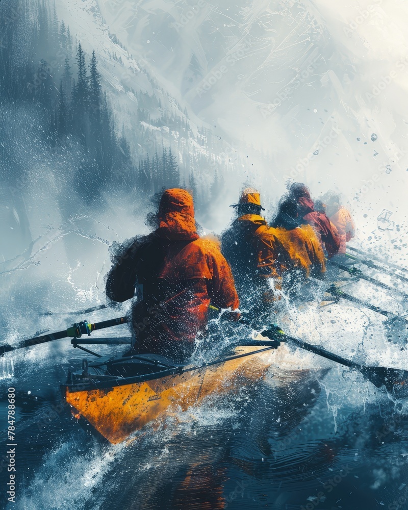Stylized image of a rowing team rowing towards the finish line, with ...