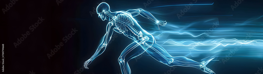Digital illustration featuring a human x ray figure modeled in blue ...