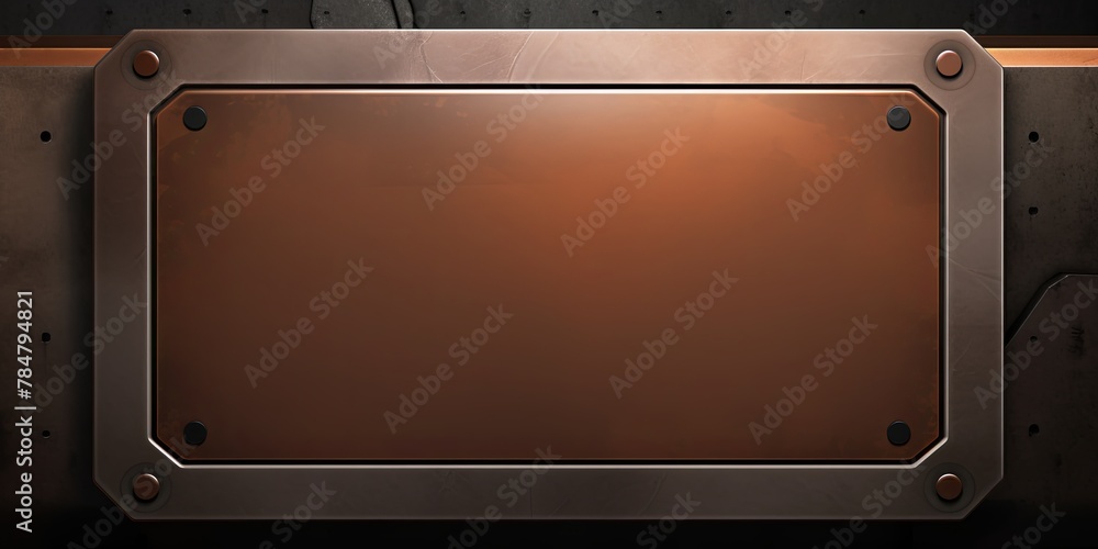 Brown large metal plate with rounded corners is mounted on the wall. It ...