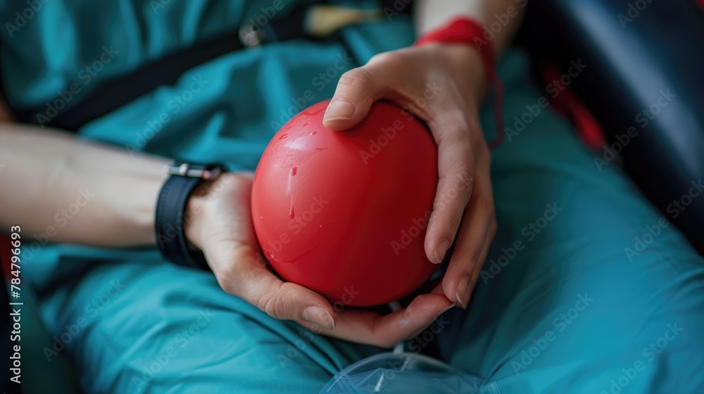 Blood flows into a bag from a squeezing hand, top view on World Blood ...