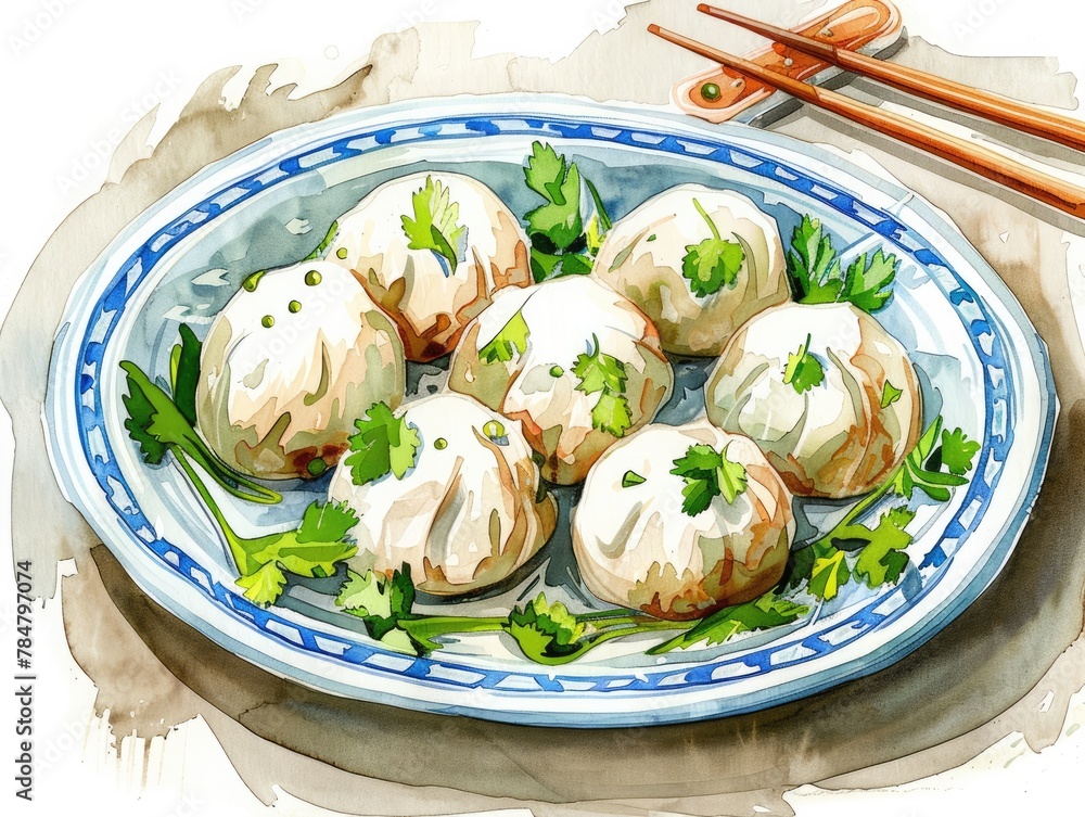 Vibrant Watercolor of Delectable Thai Mung Bean Dumplings in Coconut ...