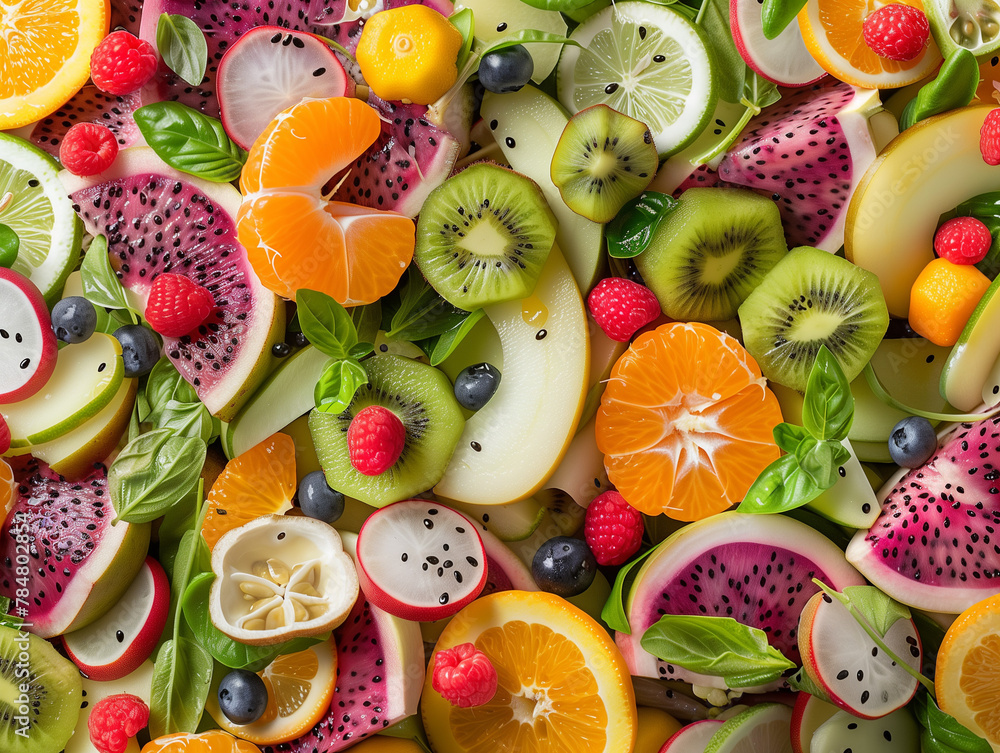 Meli-melo de fruits exotiques et tropicaux variés coupés en rondelle ou ...