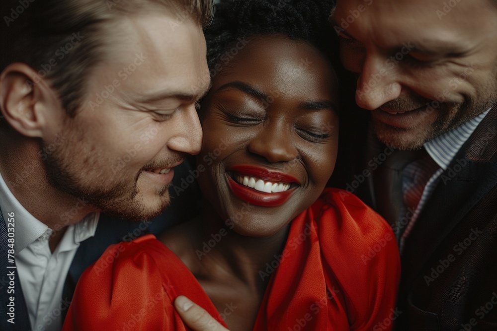 The concept of a threesome. A woman and two men in love. An African ...