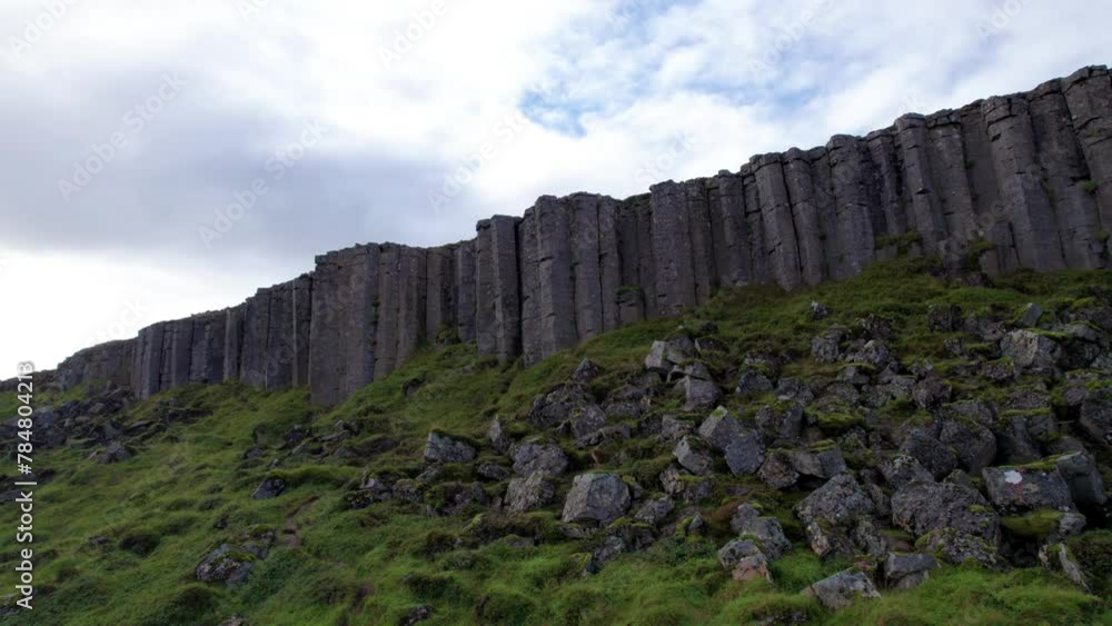Low Angle Drone Gerduberg Cliffs Iceland Landscape Row of Hexagonal ...
