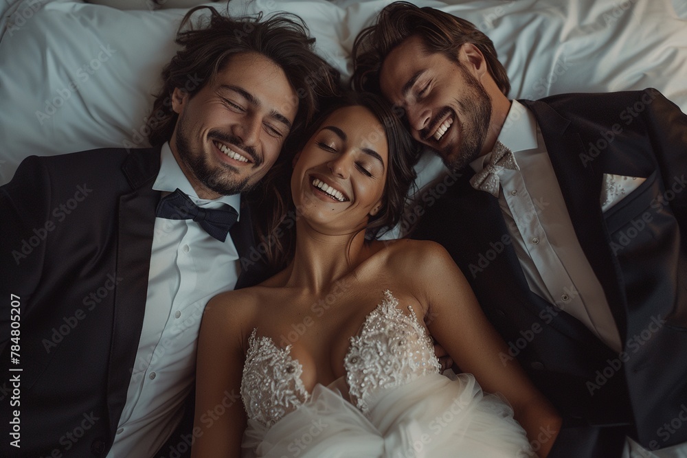 The concept of a threesome. A woman and two men in love. A woman in a ...