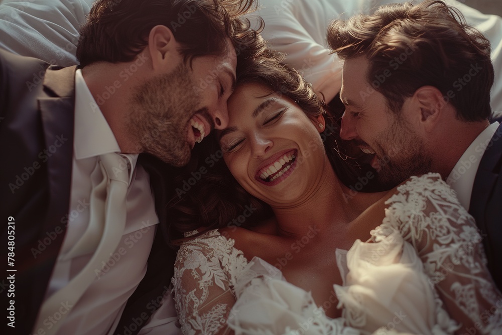 The concept of a threesome. A woman and two men in love. A woman in a ...