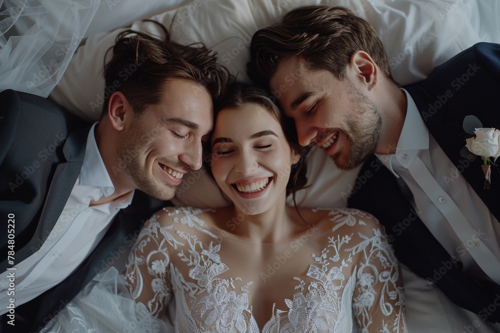 The concept of a threesome. A woman and two men in love. A woman in a ...
