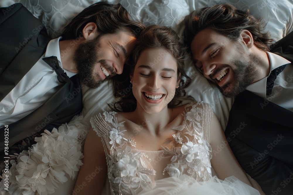The concept of a threesome. A woman and two men in love. A woman in a ...