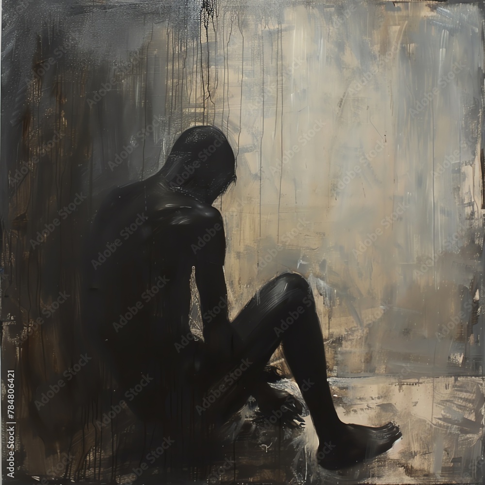 Craft a haunting image of a solitary figure shrouded in darkness, their ...