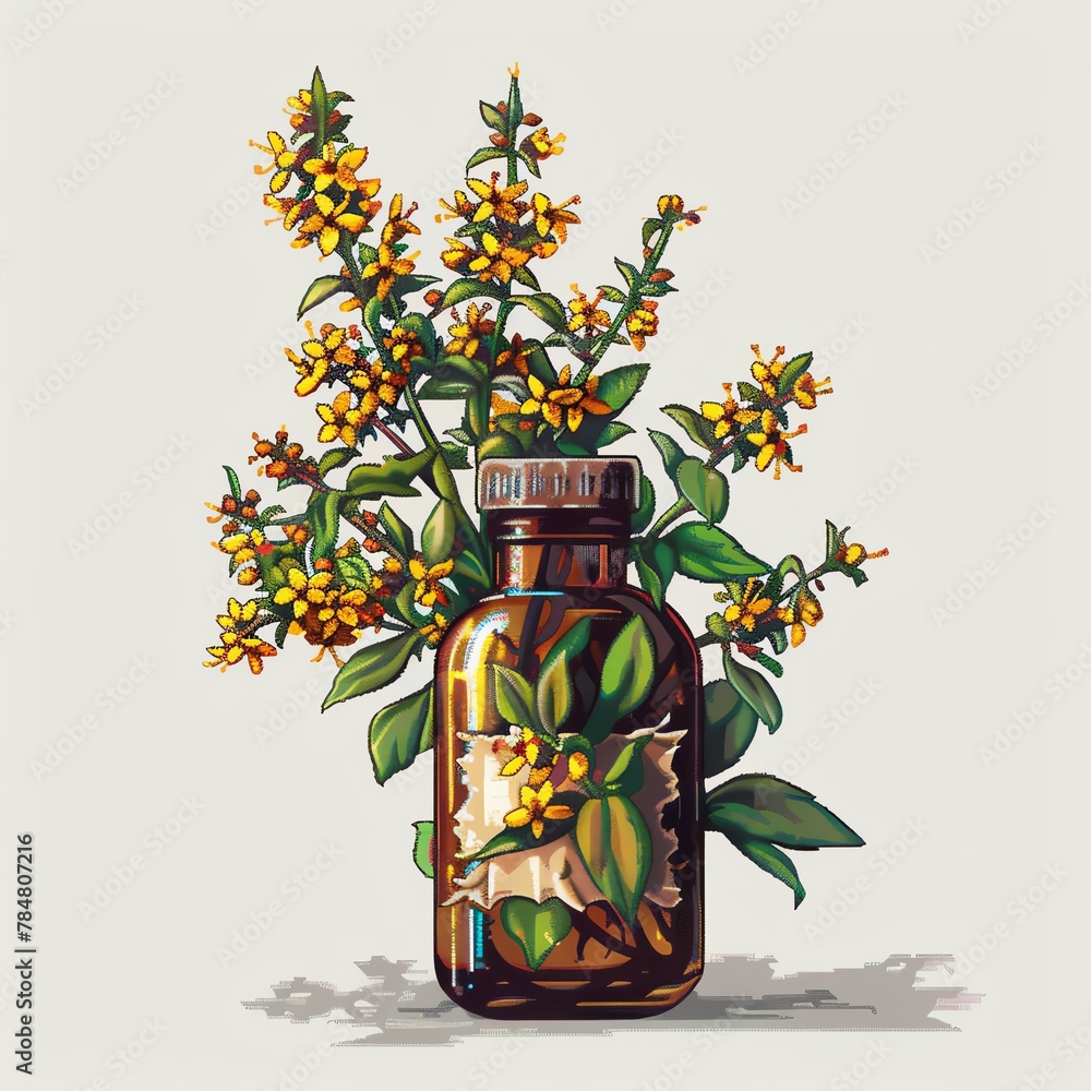 Illustrate a side view of St Johns wort extract in a whimsical pixel ...