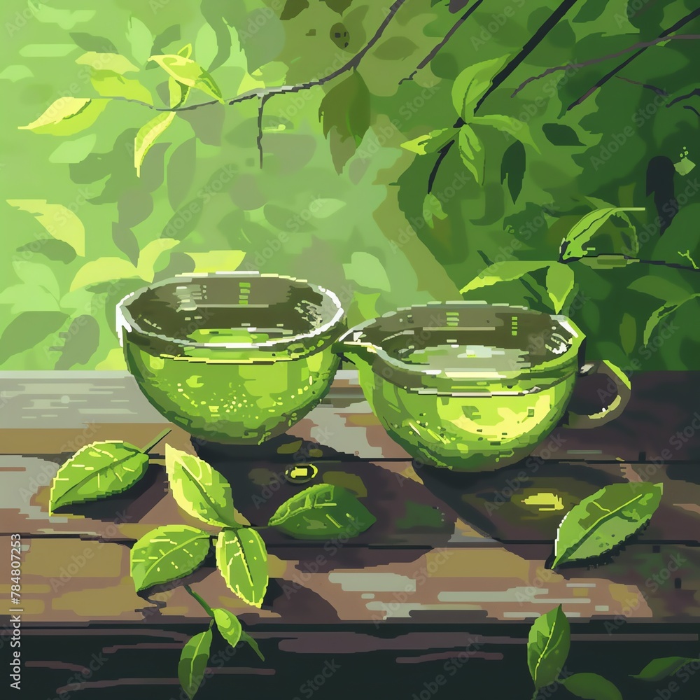 Illustrate green tea extract in a pixel art style, emphasizing the ...