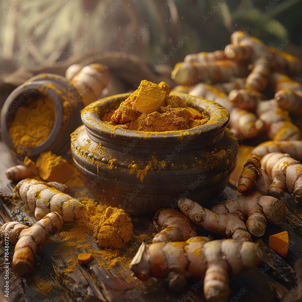 Illustrate the essence of Turmeric extract through a photorealistic ...