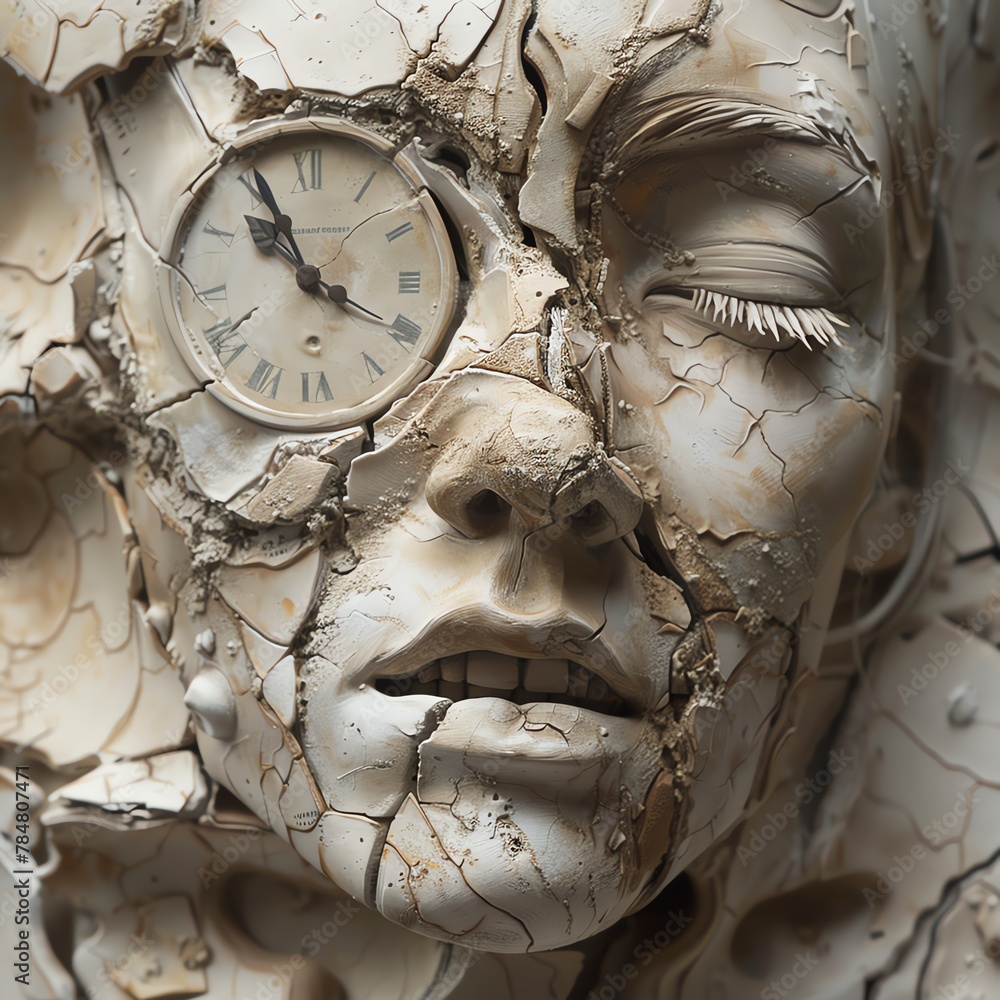 Merge Efficiency and Sadness in a surreal clay sculpture, featuring a ...