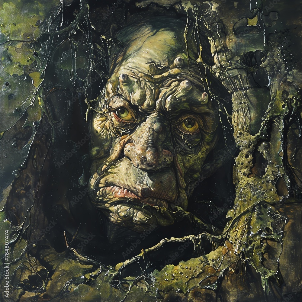 Paint a detailed oil portrait of a grotesque, twisted goblin emerging ...