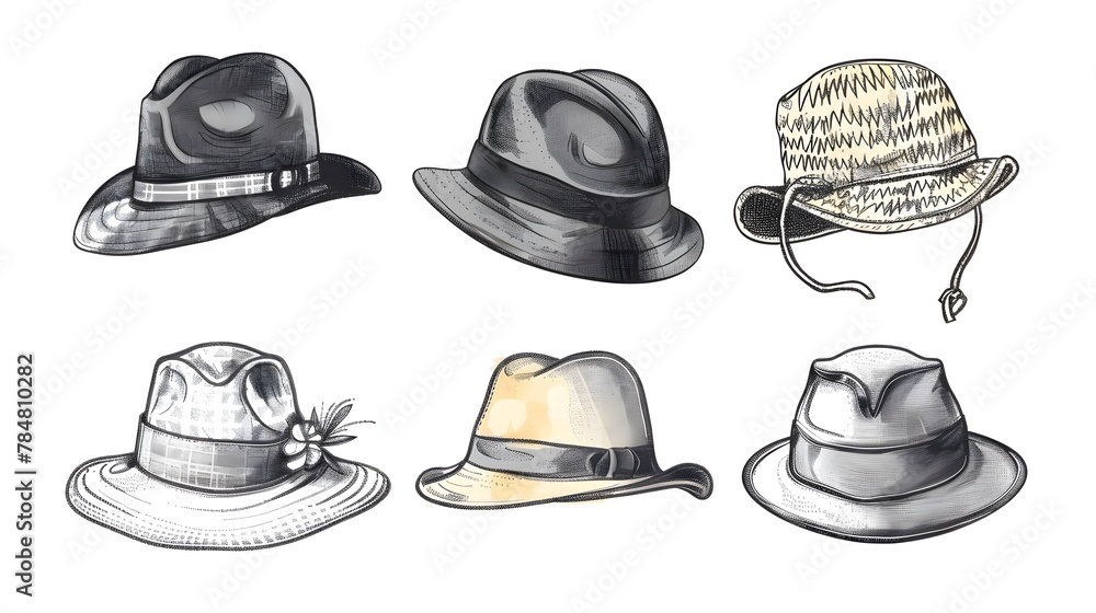 Hats collection, vector sketch illustration. Different types of hats ...