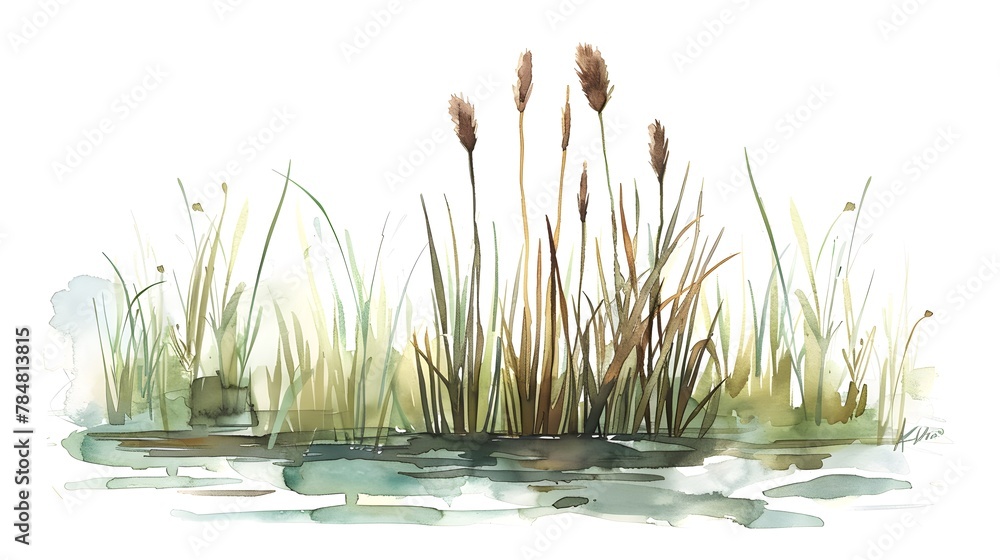 Watercolor hand drawn illustration of reed cattail typhus in a water ...