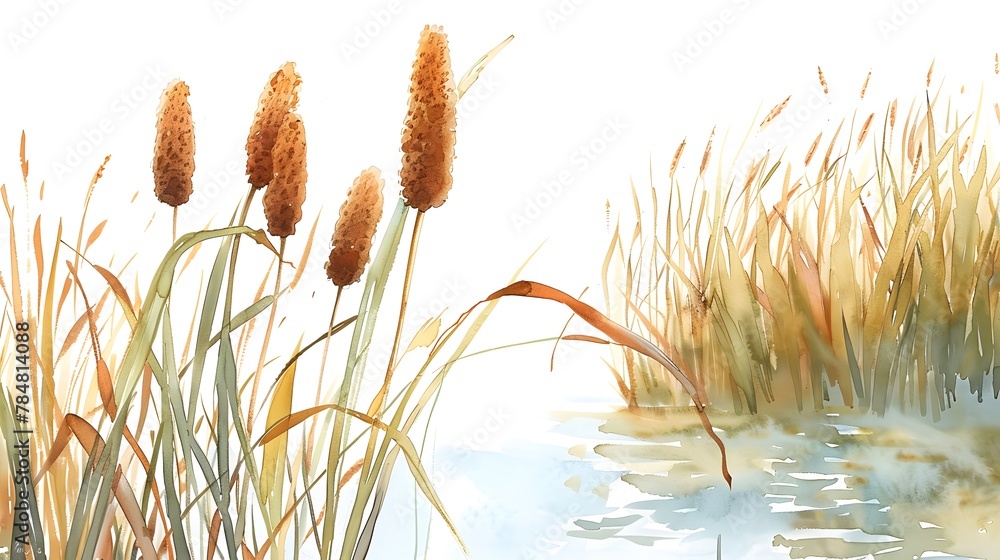 Watercolor hand drawn illustration of reed cattail typhus in a water ...