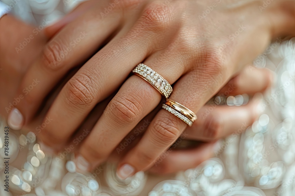A couple's wedding rings are shown in a close up. The rings are gold and diamond encrusted, and ...