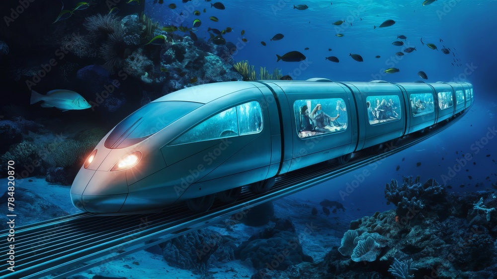 Underwater Bullet Train with Passengers Observing Marine Life Stock ...