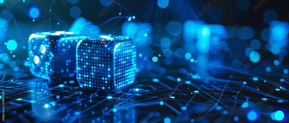digital blue hologram dice with glowing data binary code , ai in ... digital blue hologram dice with glowing data binary code , ai in ...