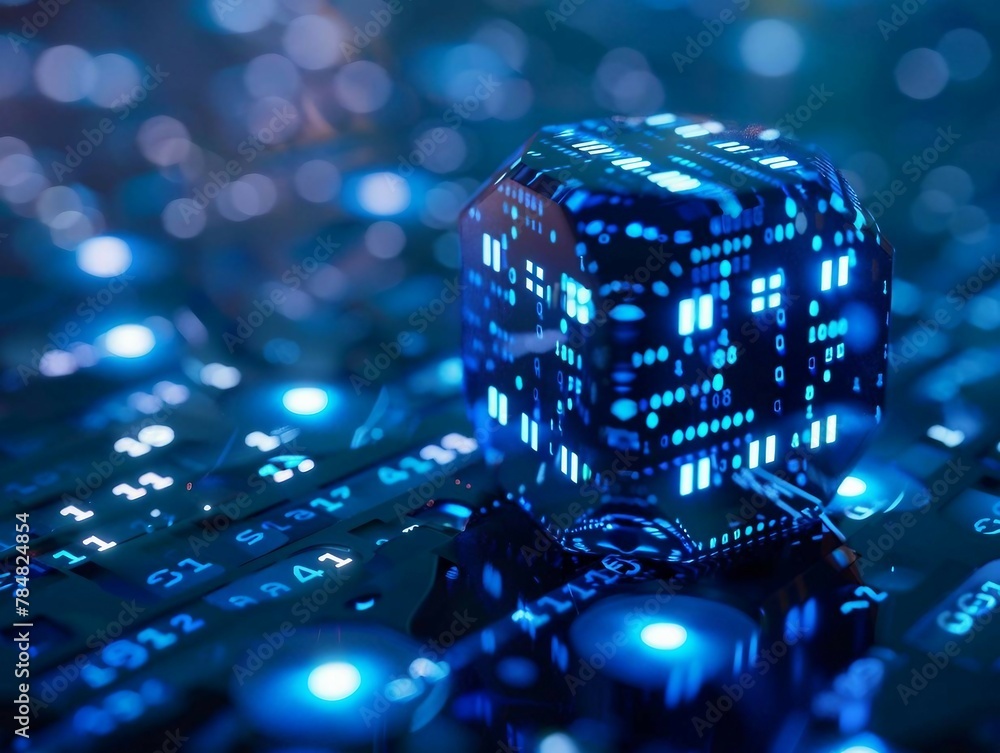 digital blue hologram dice with glowing data binary code , ai in ...