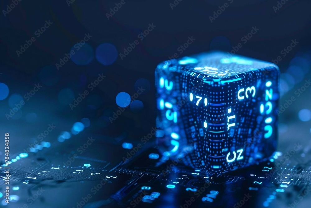 digital blue hologram dice with glowing data binary code , ai in ...