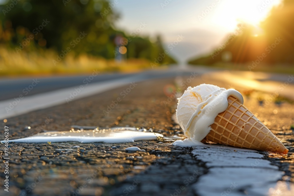 Fallen ice cream on the road. Ice cream melts on the asphalt. Heat ...