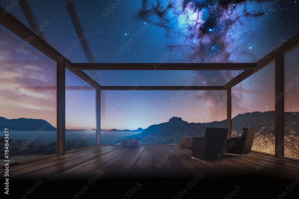 milky way with starry sky at night inside home using virtual reality ...