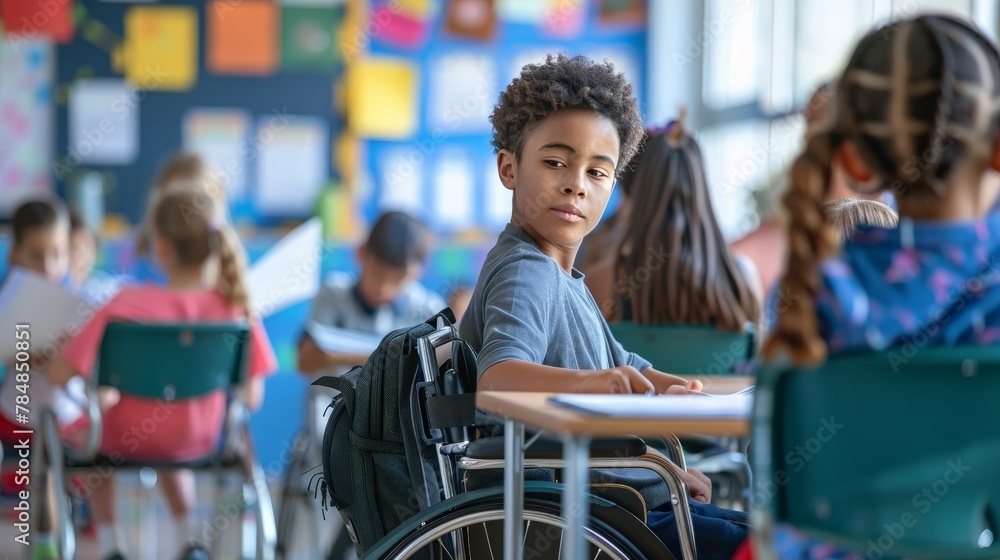 A classroom scene with students of diverse ethnicities and abilities ...