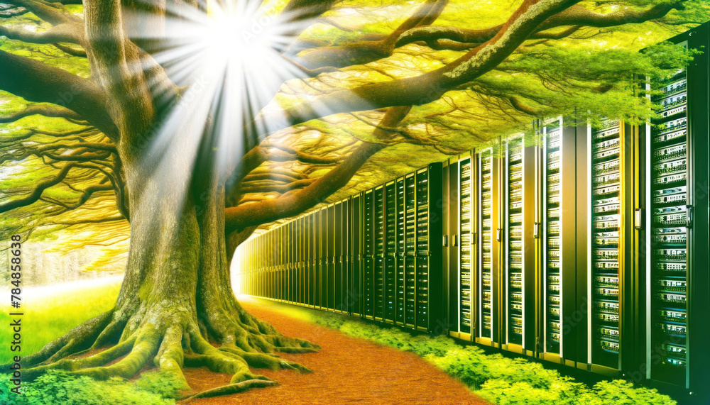 forest with ancient trees lining a pathway that leads to a modern, high ...