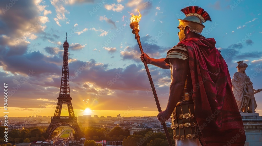 Roman soldier with the Olympic torch lit with the Eiffel Tower in the ...