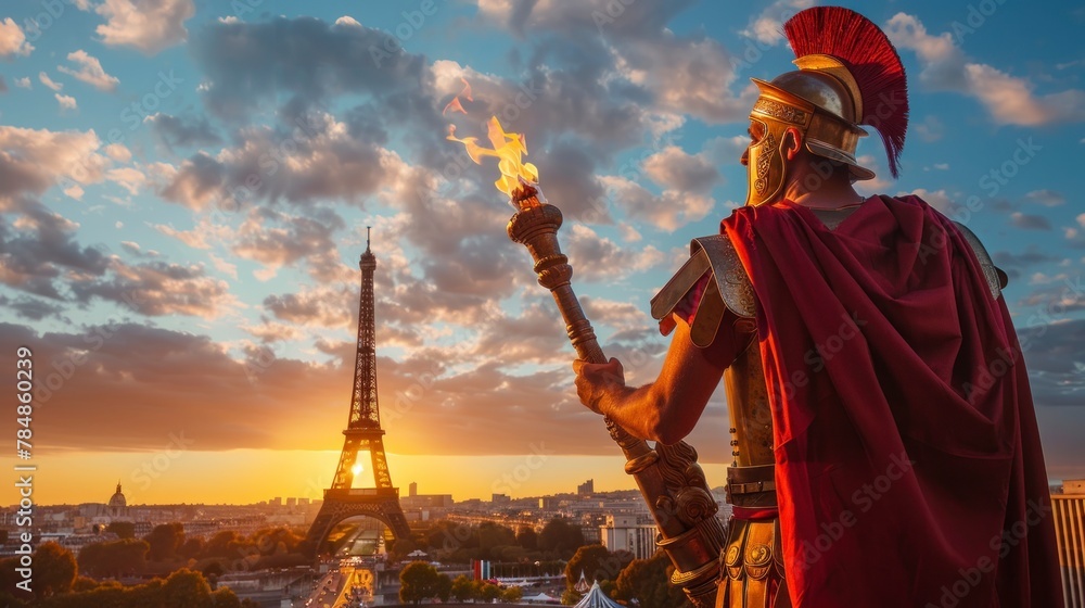 Roman soldier with the Olympic torch lit with the Eiffel Tower in the ...
