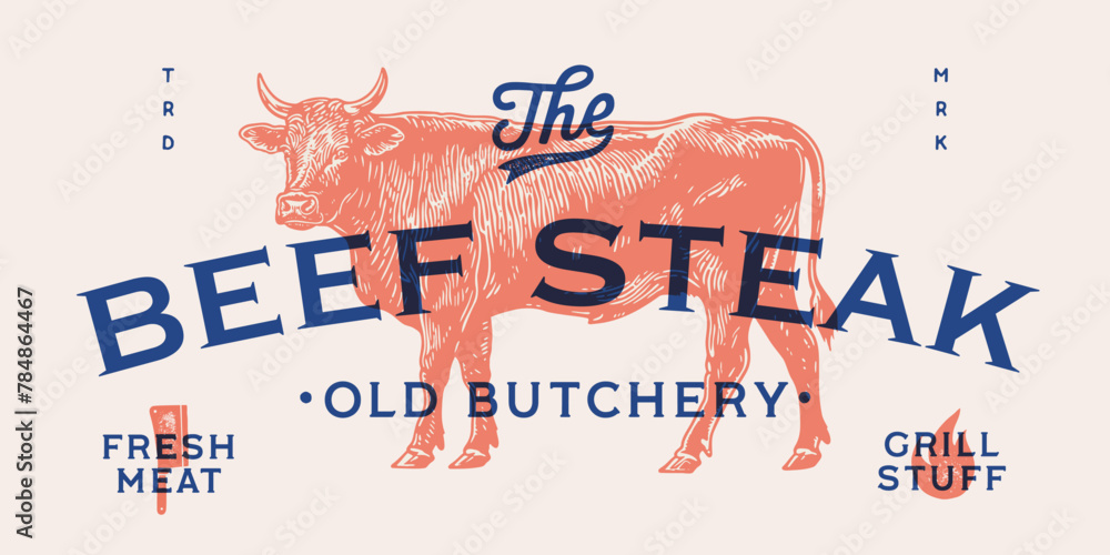 Cow, bull, beef meat, tag label. Template Meat Beef Tag Label. Vintage ...