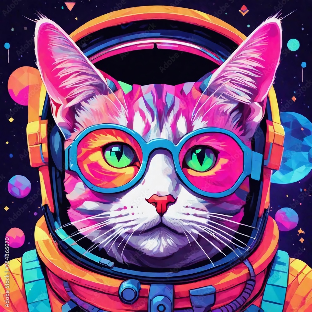 Gato con figuras geométricas, colores fluorescentes, en el espacio, con ...