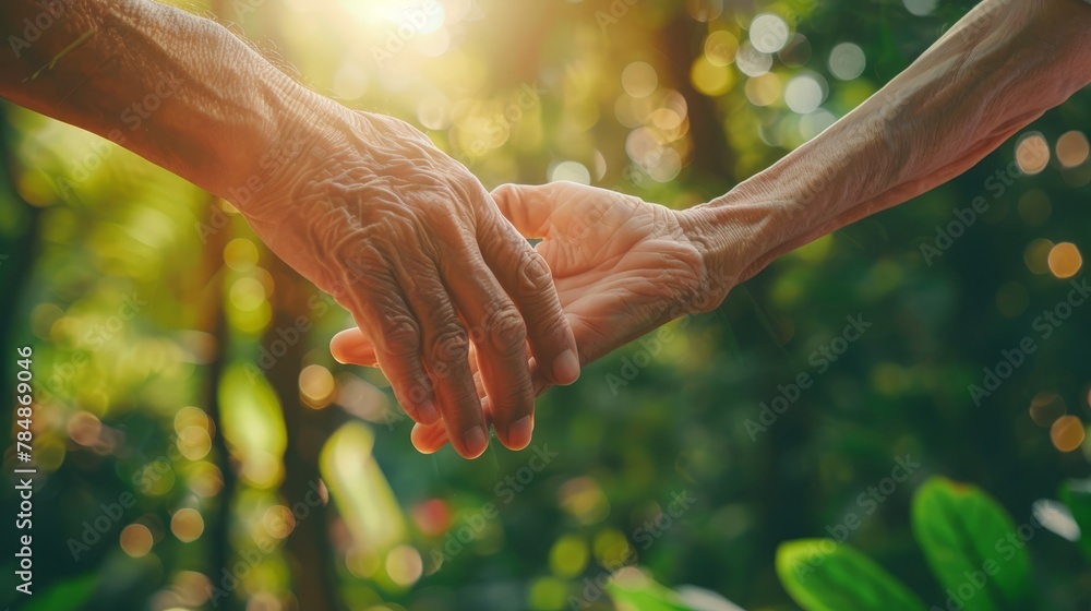 Caregiver, carer hand holding elder hand with blurred nature background ...