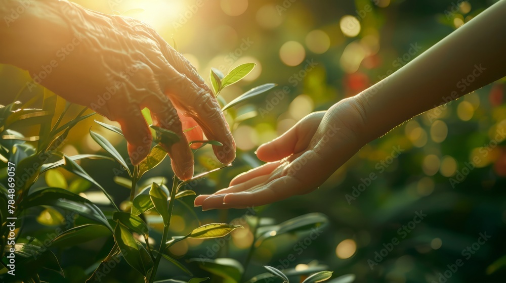 Caregiver, carer hand holding elder hand with blurred nature background ...