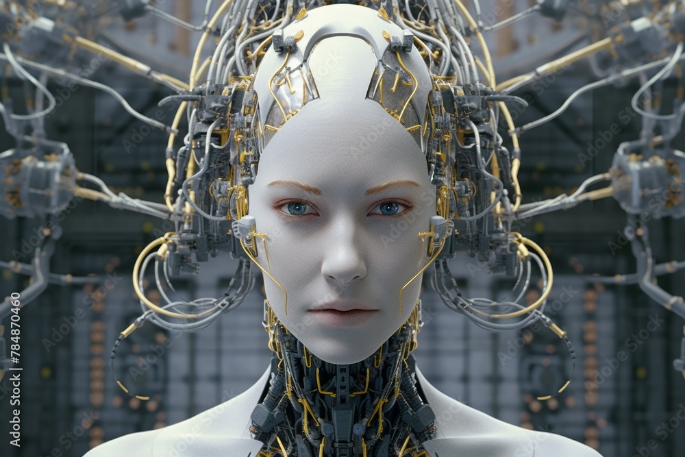 Futuristic design of an android head, with visible wires, connections ...