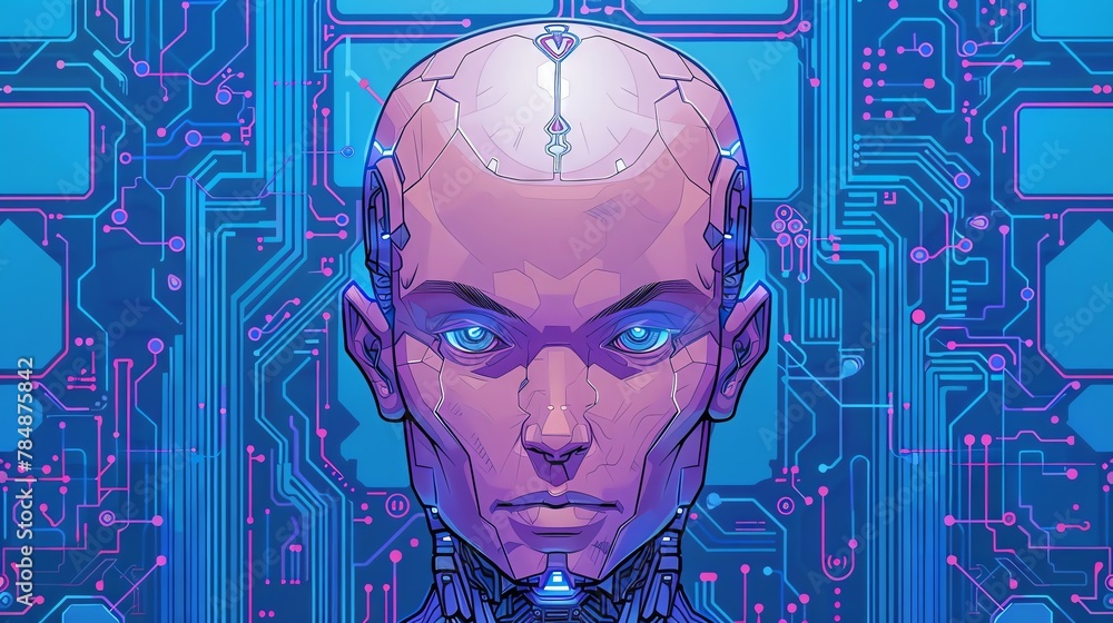 Artificial Intelligence, blue circuit board background with portrait of ...