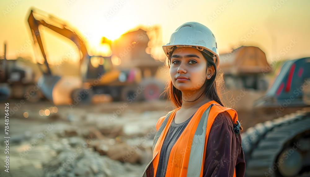 Girl in uniform and safety helmet at construction site. Stock ...