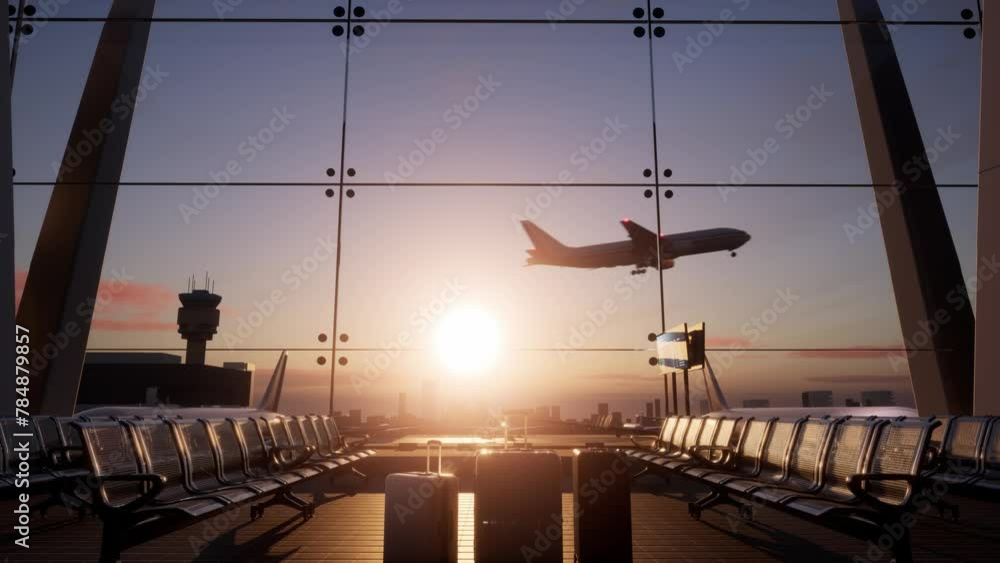 Airplane Taking Off Seen Through Airport Terminal Window. View From ...