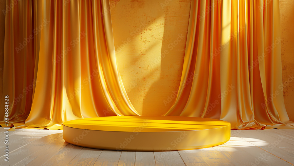 Golden Hour Showcase: Radiant Yellow Draped Curtains and Circular ...