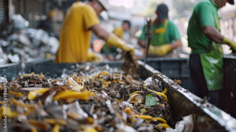 In a busy city a group of workers are shown sorting through waste and ...