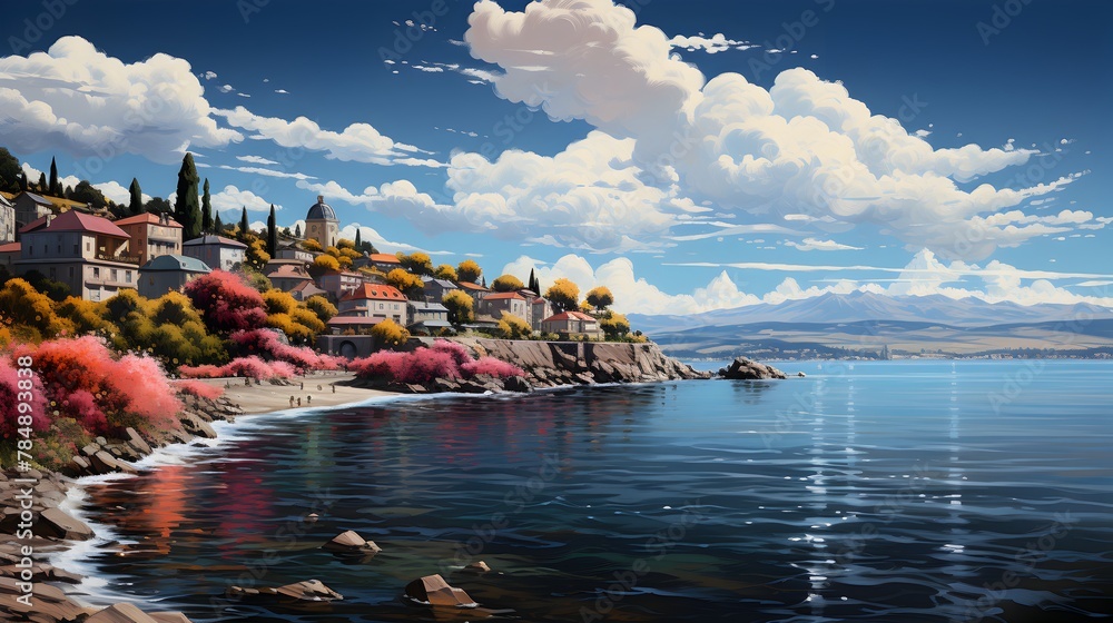 Seaside towns with a beach, building by the waterfront, embracing the ...