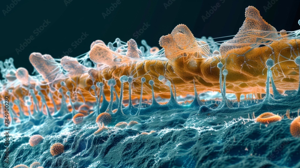 An electron microscopy image of a cell membrane attached to a bacterial ...