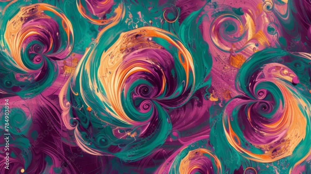 Psychedelic swirls of teal orange and pink on a deep purple background ...