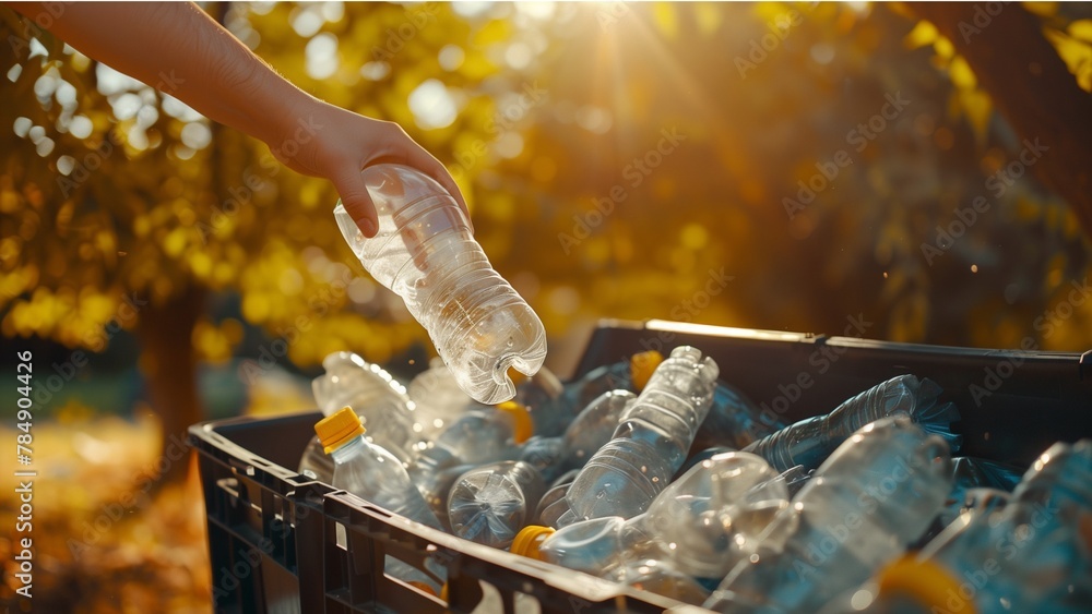 a person's hand disposing of a clear plastic bottle into a recycling ...
