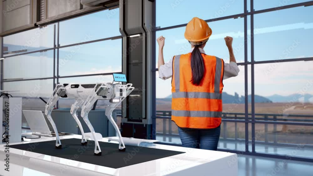 Full Body Back View Of A Female Engineer With Safety Helmet Raising Her ...